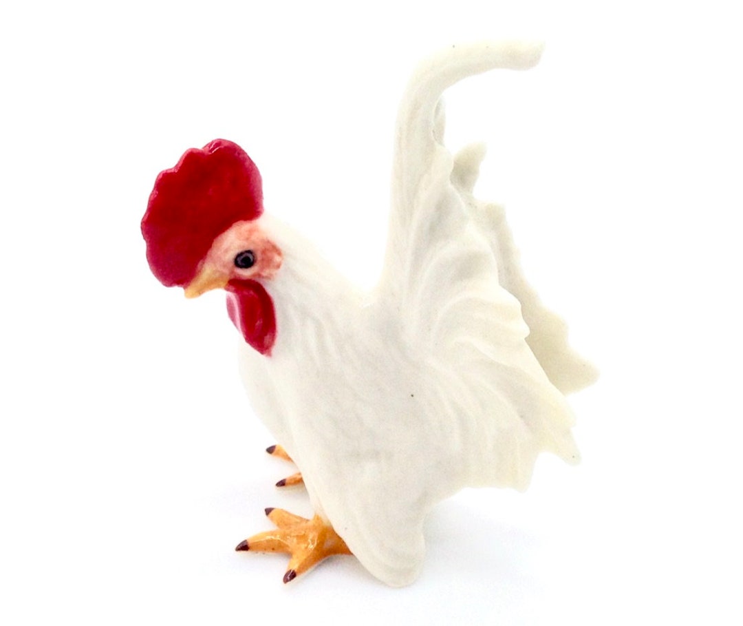 Miniature Ceramic Rooster Chicken Small Animal White Red Tiny Figurine ...