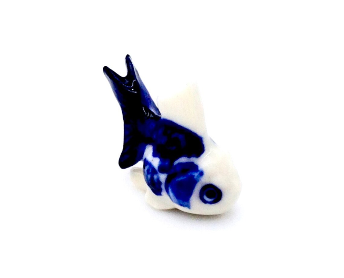 Miniature Ceramic Goldfish Fish Mini Animal Little Blue White Figurine ...