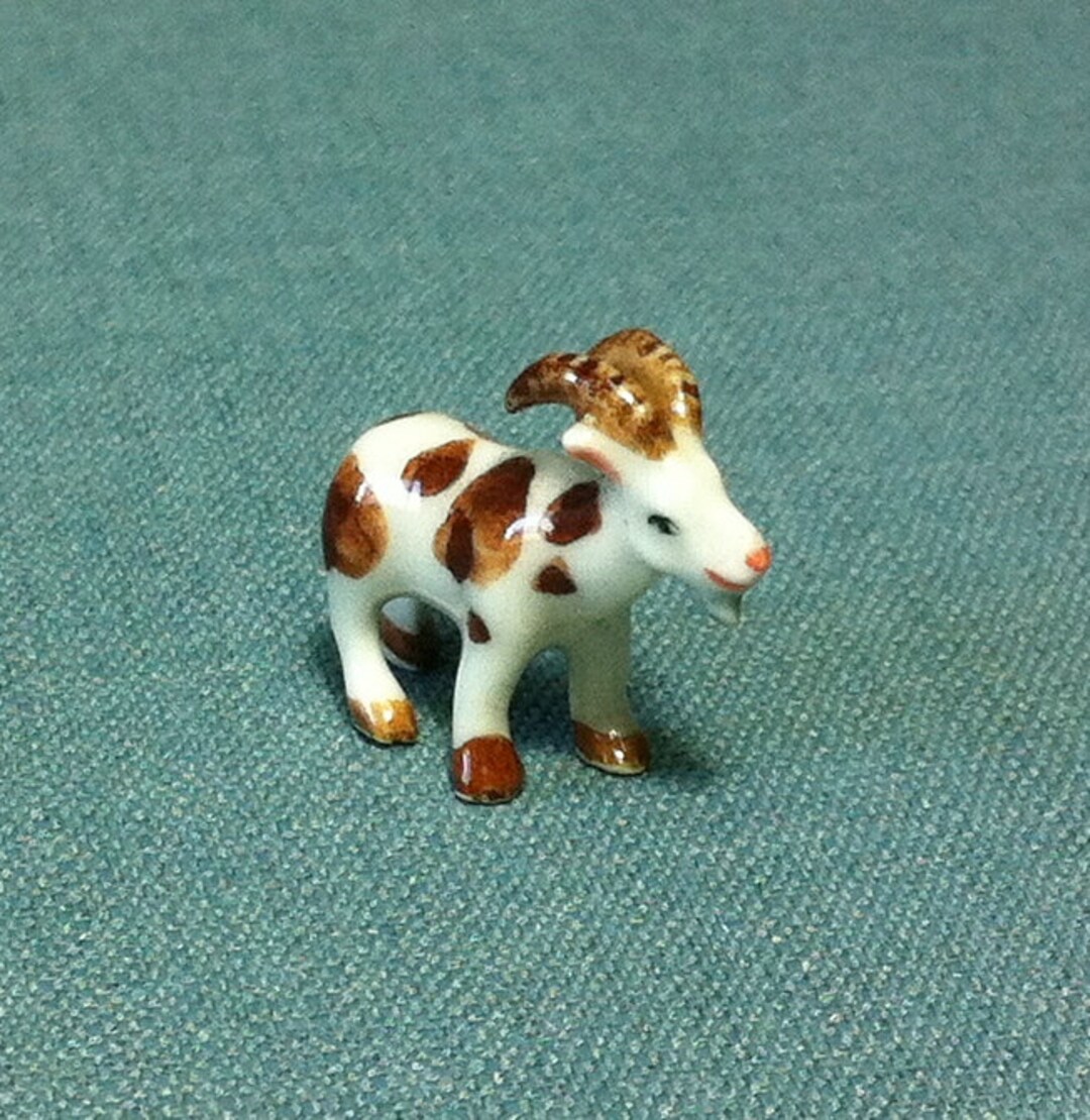 Miniature Ceramic Goat Funny Farm Animal Cute Little White Brown Figure ...