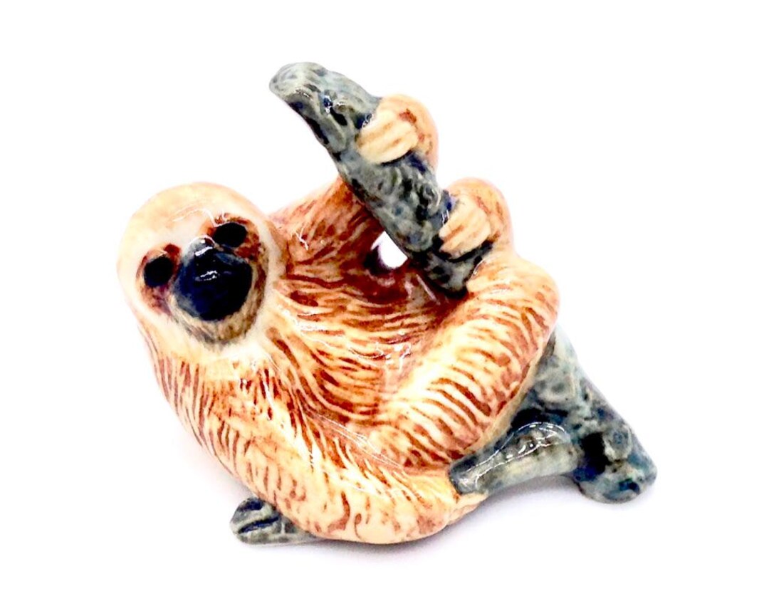 Miniature Ceramic Sloth on Branch Monkey Animal Cute Little Brown ...