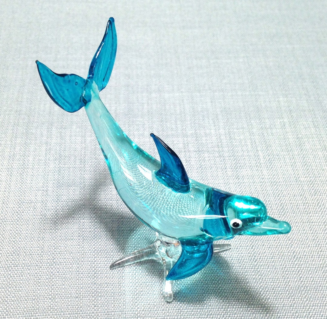 Hand Blown Glass Miniature Dolphin Fish Animal Cute Light Blue Figurine ...