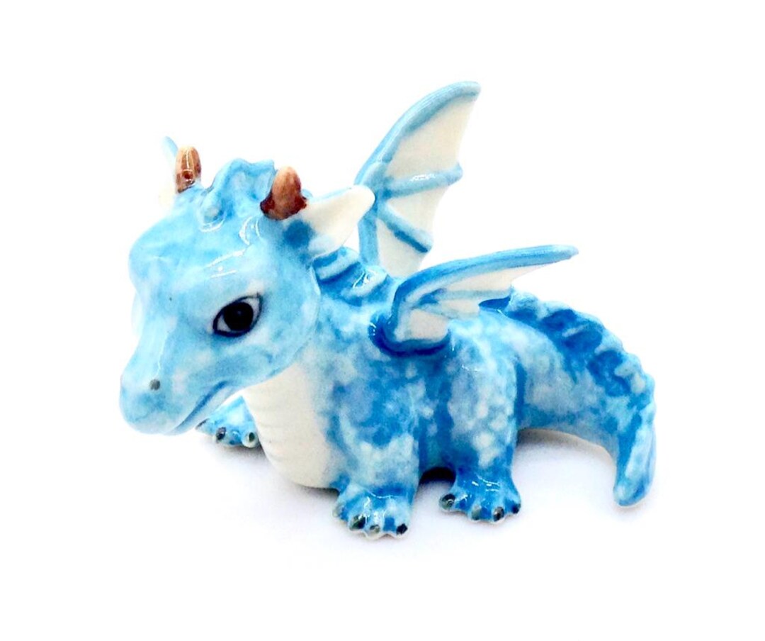 Miniature Ceramic Dragon Fantasy Animal Little Blue White Figurine Tiny ...