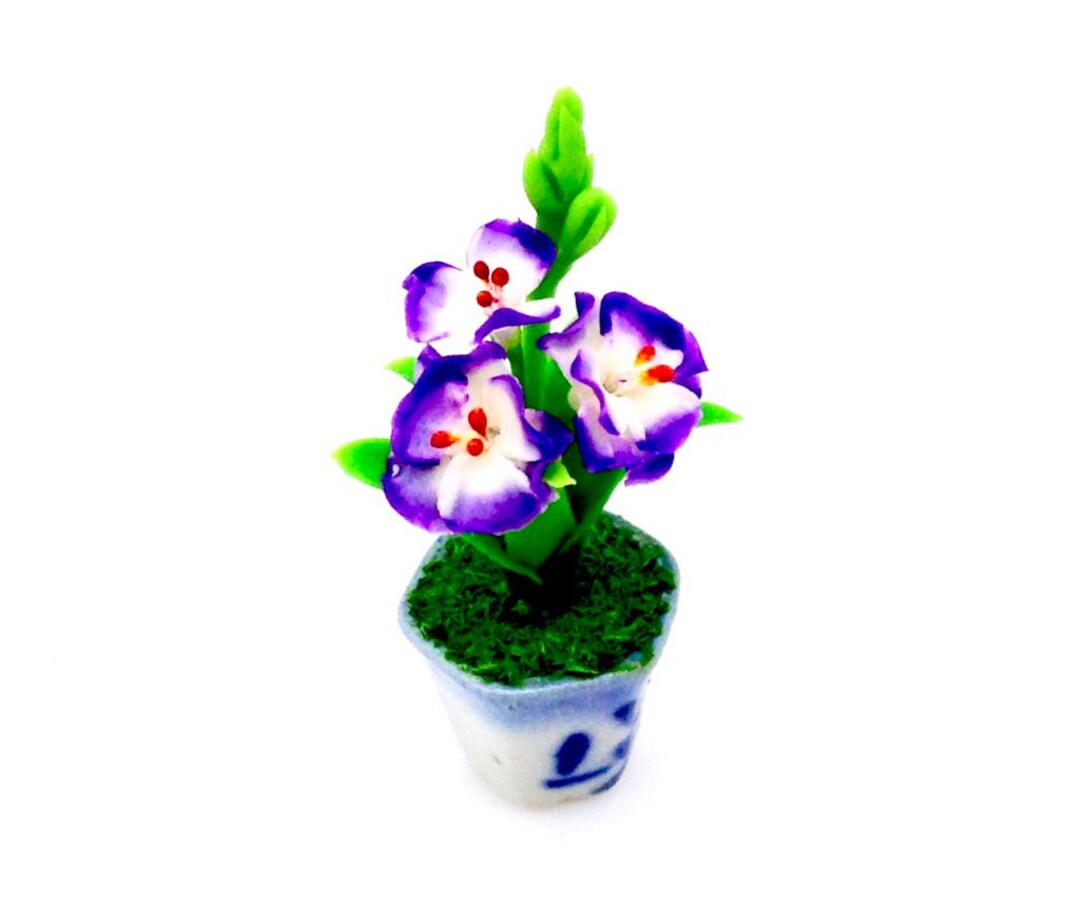 Artificial Flower Plant Hibiscus White Purple Miniature Dollhouse Clay ...