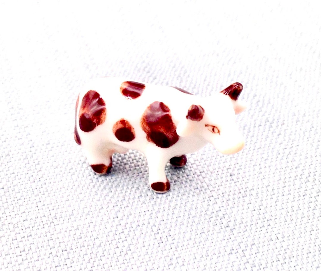 Miniature Ceramic Cow Mini Farm Animal Cute Little White Brown Figurine ...