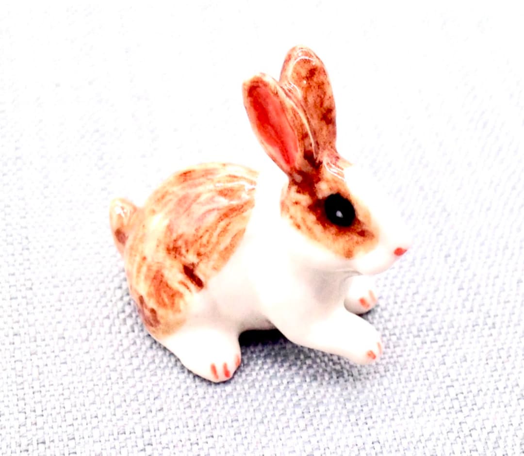 Miniature Ceramic Rabbit Bunny Animal Baby Funny White Brown Figurine ...
