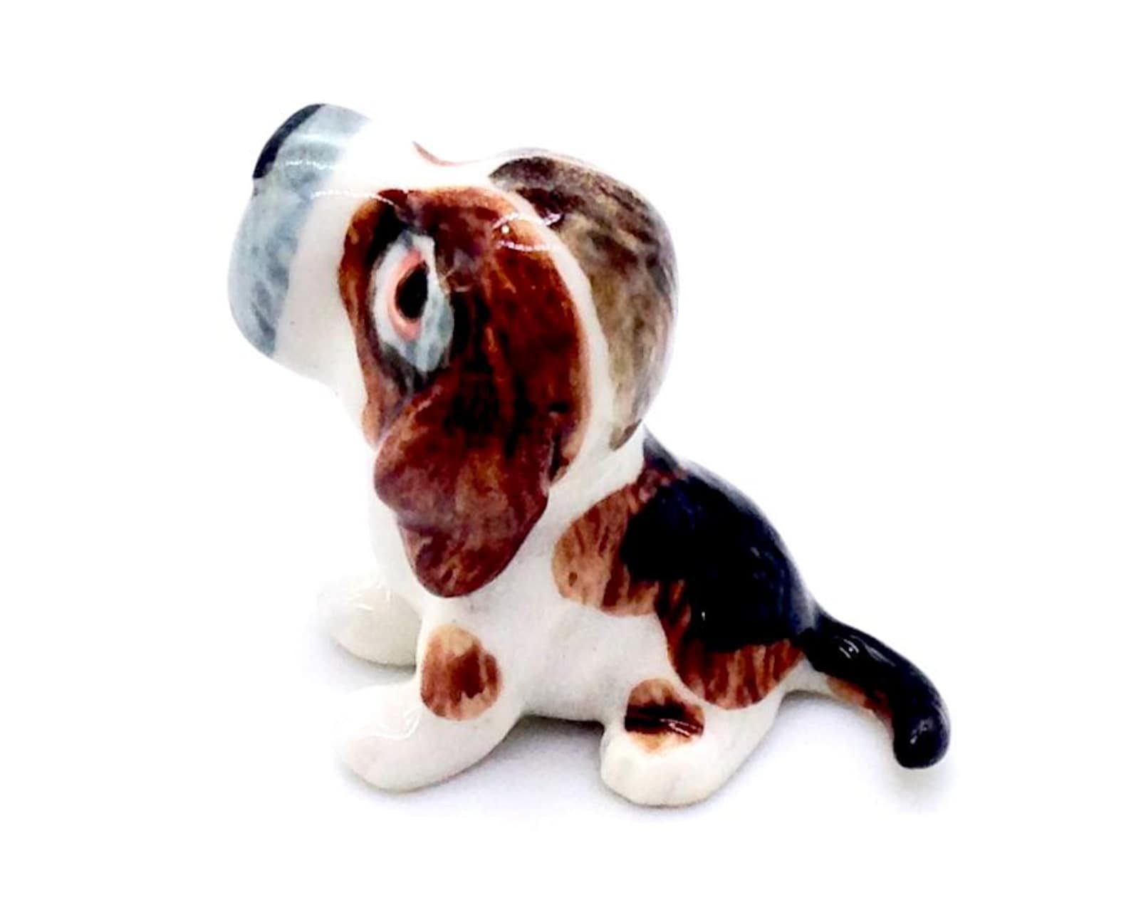 Miniature Ceramic Dog Beagle Puppy Sitting Animal Little Brown White ...