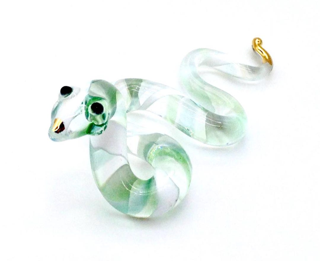 Hand Blown Glass Miniature Snake Viper Reptile Animal Green White Gold ...