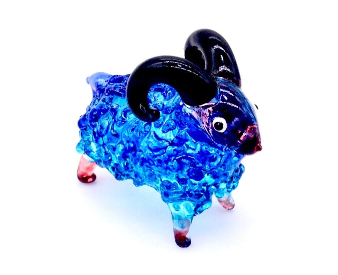 Hand Blown Glass Miniature Ram Aries Sheep Little Animal Blue Brown ...