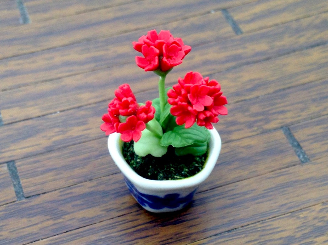 Miniature Dollhouse Artificial Flower Plant Geranium Red Green Clay ...