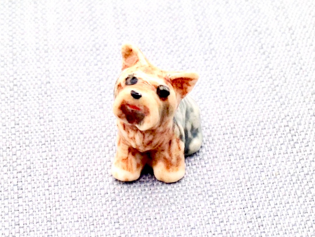 Miniature Ceramic Dog Yorkshire Sitting Puppy Pet Animal Little Brown ...