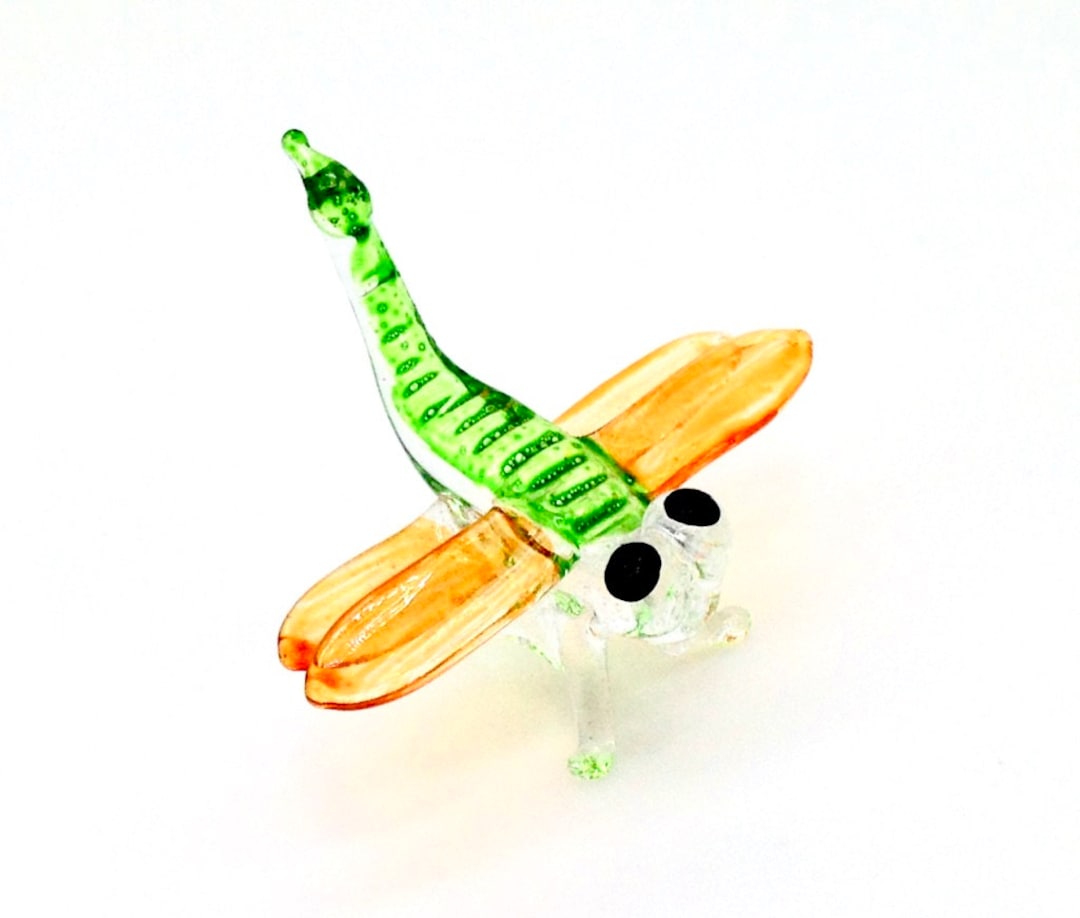 Miniature Hand Blown Glass Dragonfly Insect Little Animal Green Orange ...