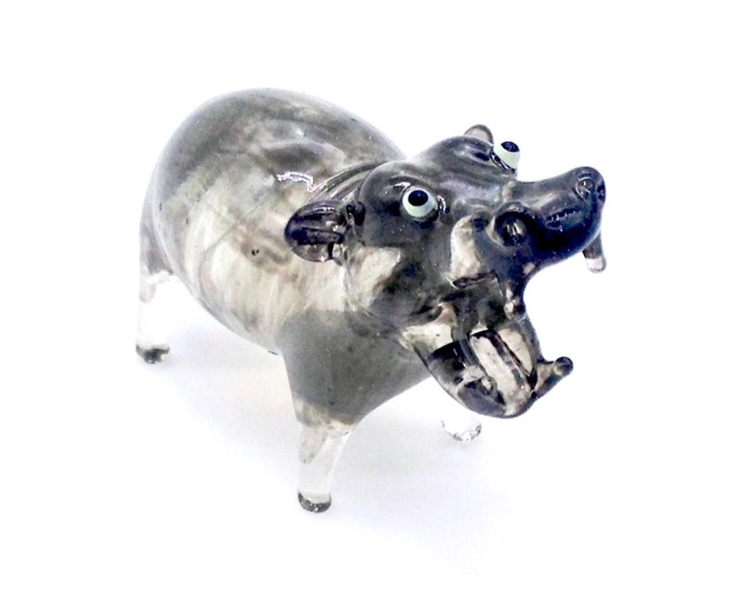 Hand Blown Glass Miniature Hippo Hippopotamus Animal Grey Transparent ...