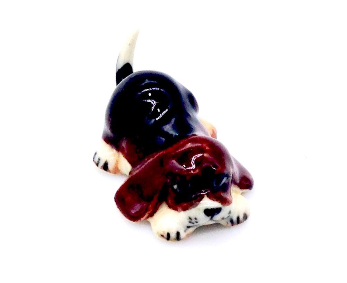 Miniature Ceramic Beagle Dog Laying Animal Little Brown Black White ...