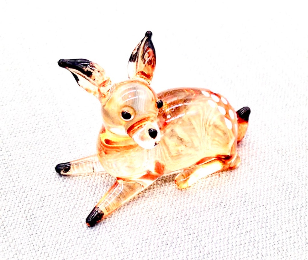 Hand Blown Glass Miniature Deer Fawn Laying Animal Brown Transparent ...