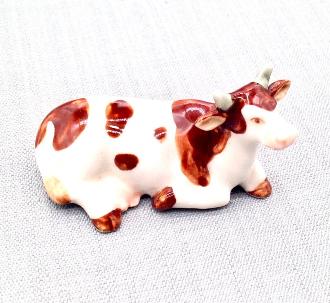 Miniature Ceramic Farm Cow Bull Animal Cute Little Brown White Figurine ...