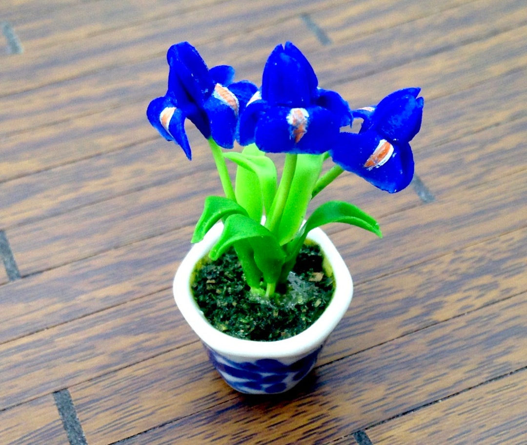Miniature Dollhouse Artificial Flower Plant Iris Blue Clay Polymer Fimo ...