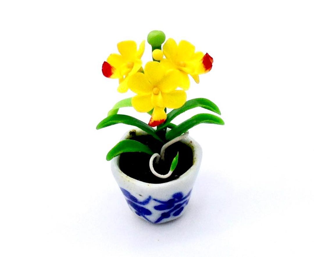 Miniature Dollhouse Flower Artificial Plant Orchid Yellow Red Clay ...