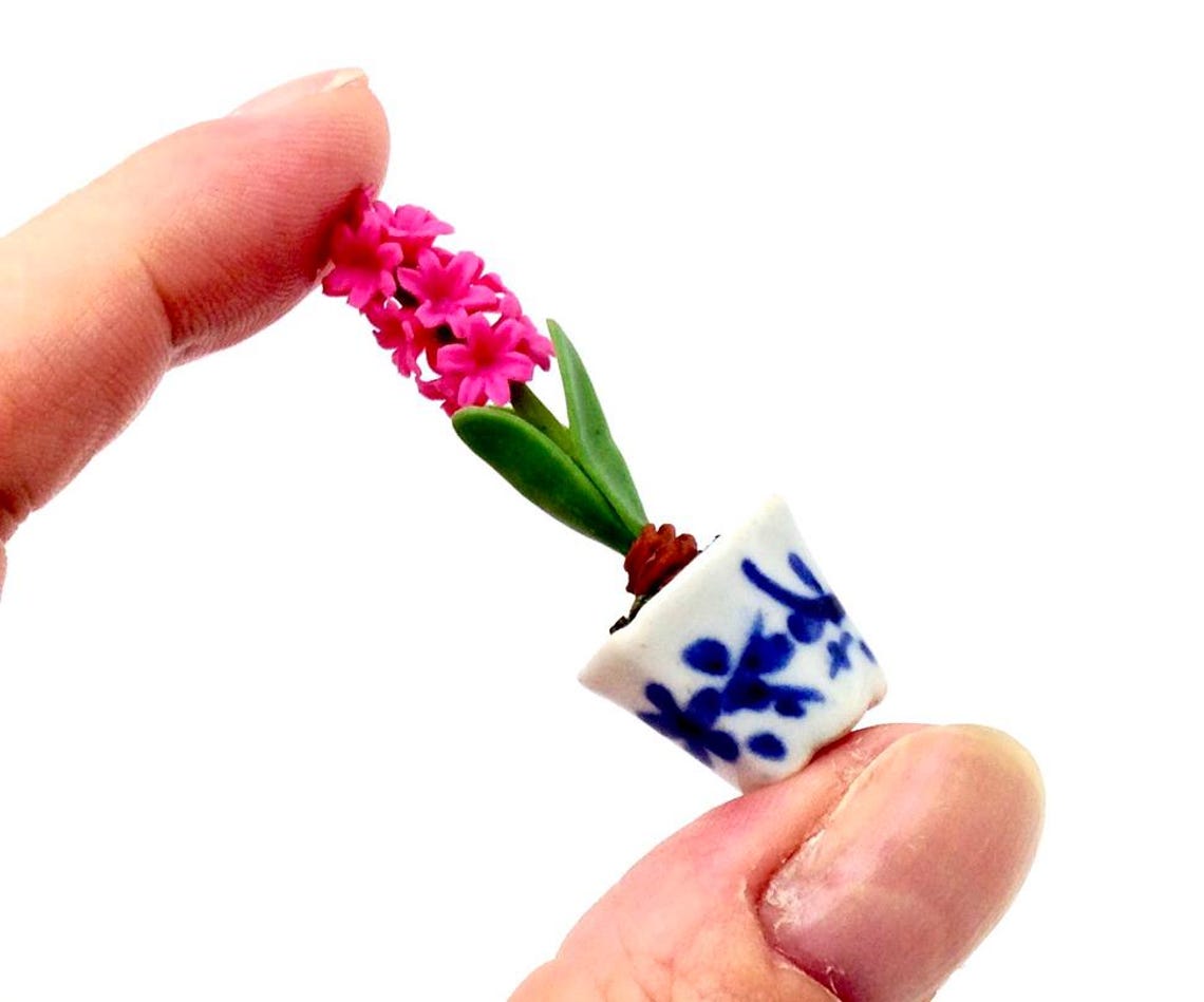 Artificial Miniature Dollhouse Flower Plant Hyacinth Pink Green Clay ...