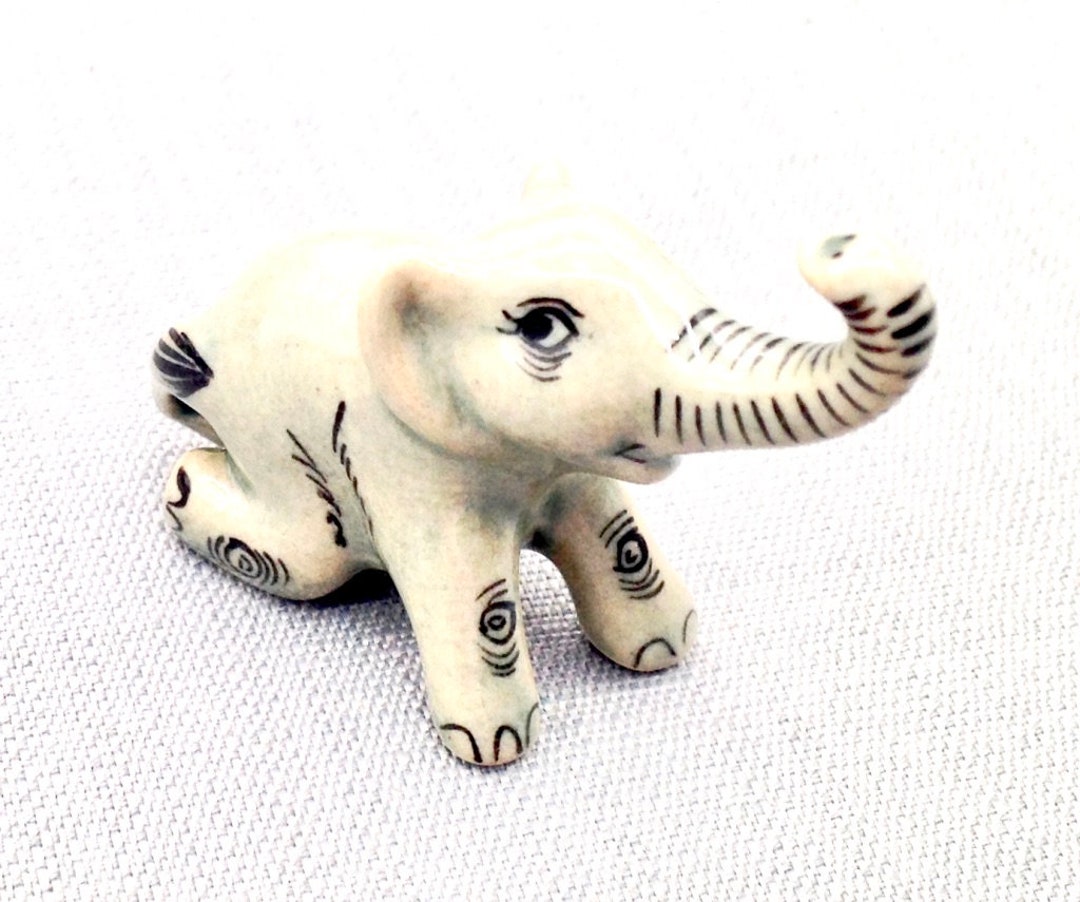 Miniature Ceramic Elephant Kneeling Animal Funny Cute Little Grey ...