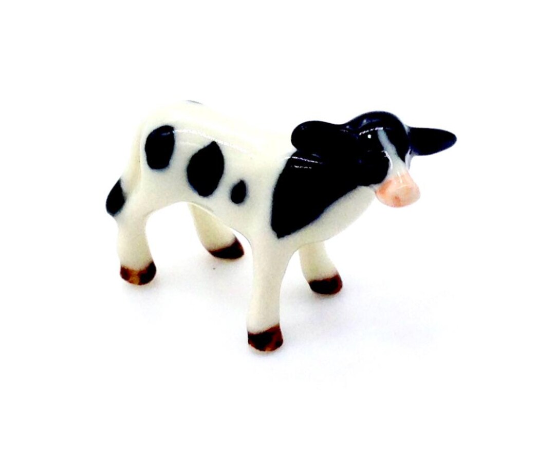 Miniature Ceramic Calf Baby Cow Animal Cute Little Black White Brown ...