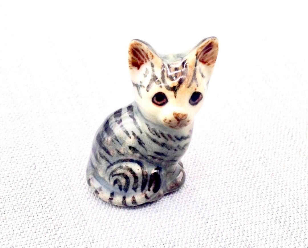 Miniature Ceramic Cat Kitty Kitten Animal Funny Cute Little Grey Brown ...
