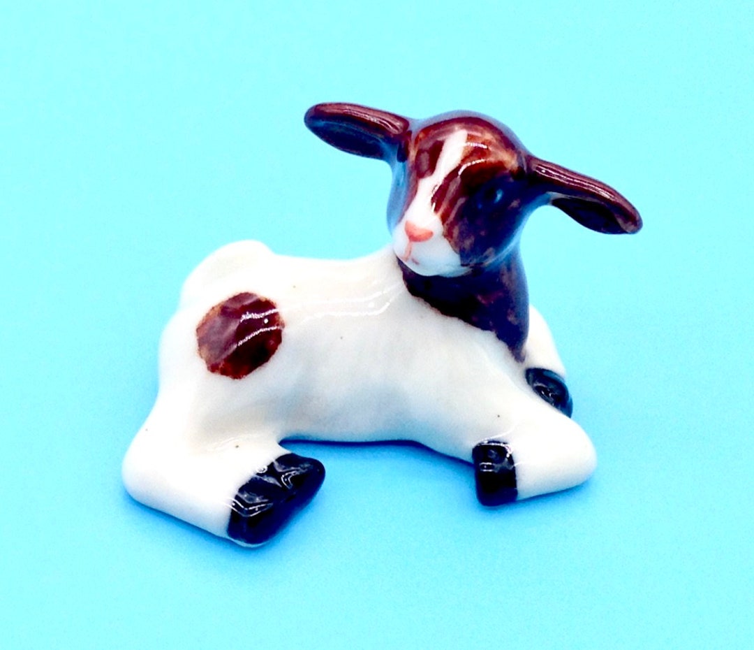 Miniature Ceramic Goat Funny Kid Baby Animal Little White Brown Figure ...