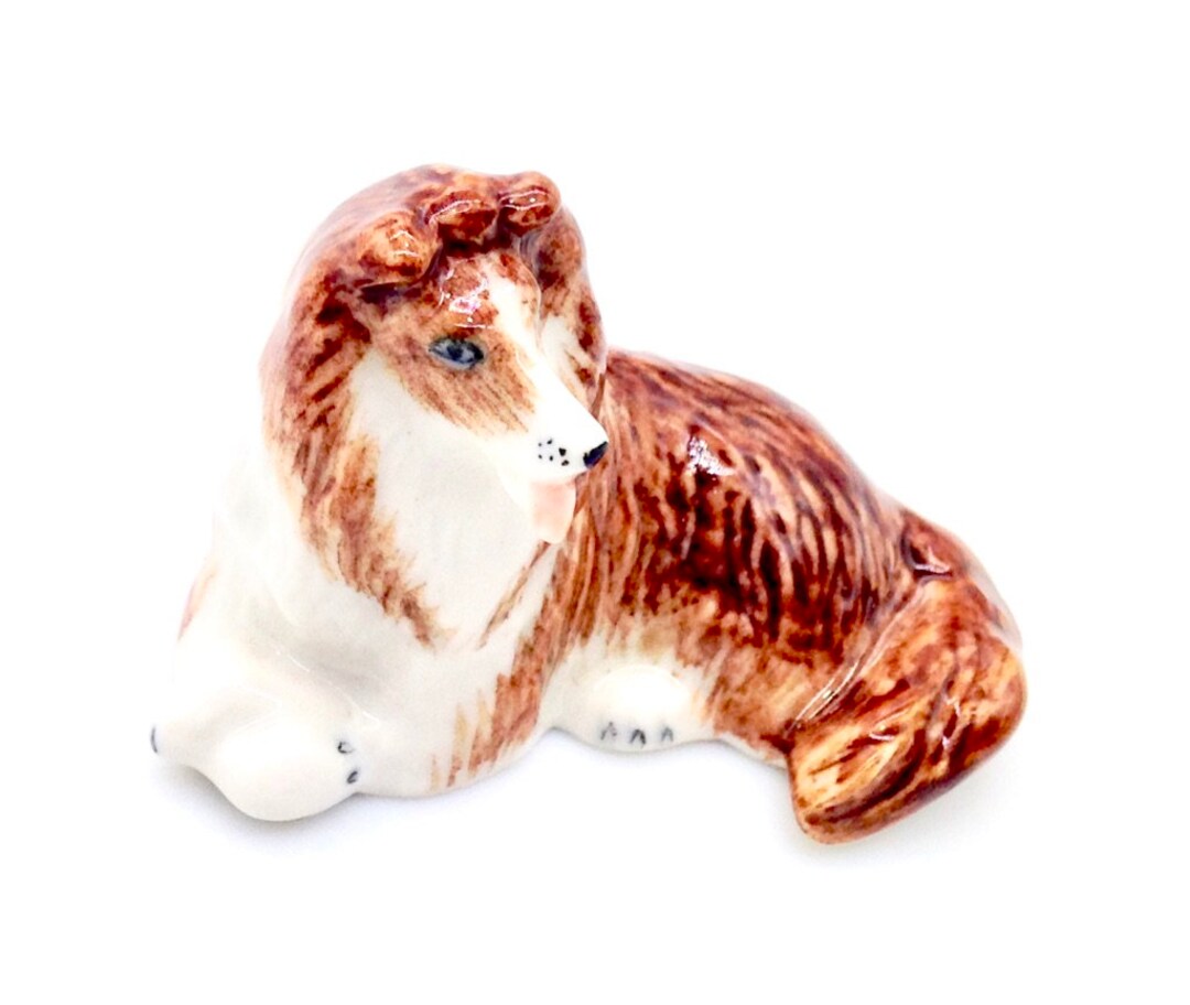 Miniature Ceramic Collie Dog Laying Animal Cute White Brown Pet ...