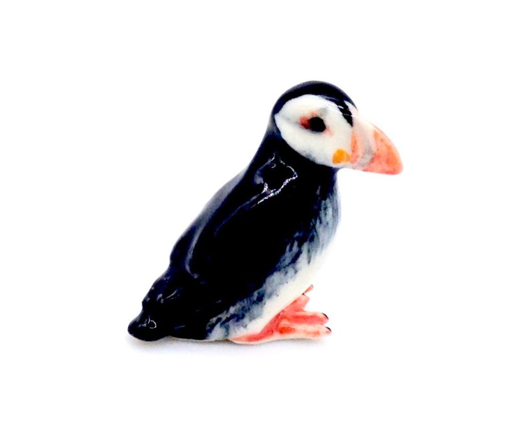 Miniature Ceramic Puffin Bird Animal Little Black White Orange Figurine ...