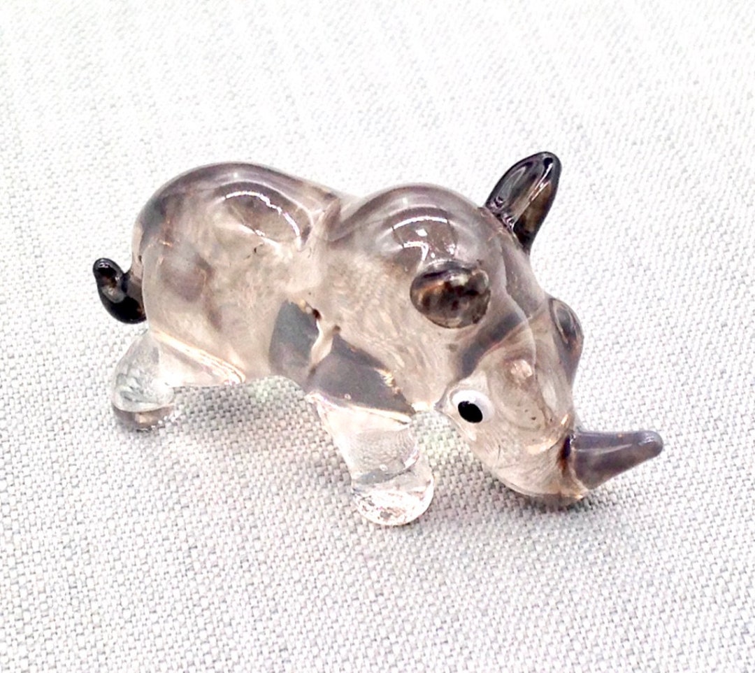 Hand Blown Glass Miniature Rhino Rhinoceros Animal Grey Transparent ...