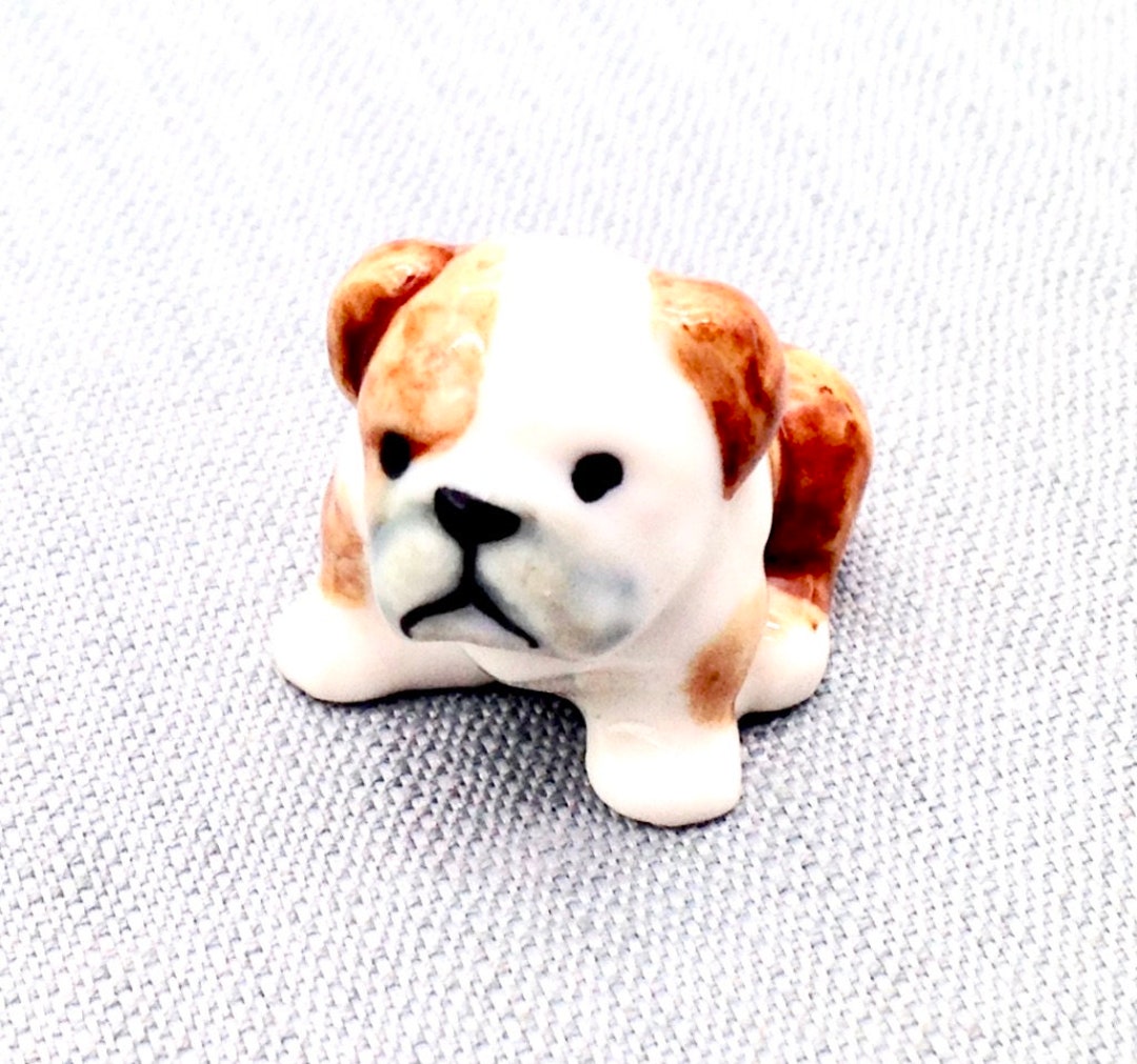 Miniature Ceramic Dog Bulldog Pet Baby Animal Cute Little Brown White ...
