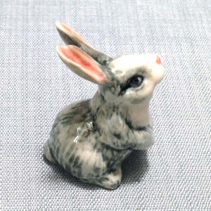 Miniature Ceramic Rabbit Bunny Funny Animal Cute Little Grey White ...