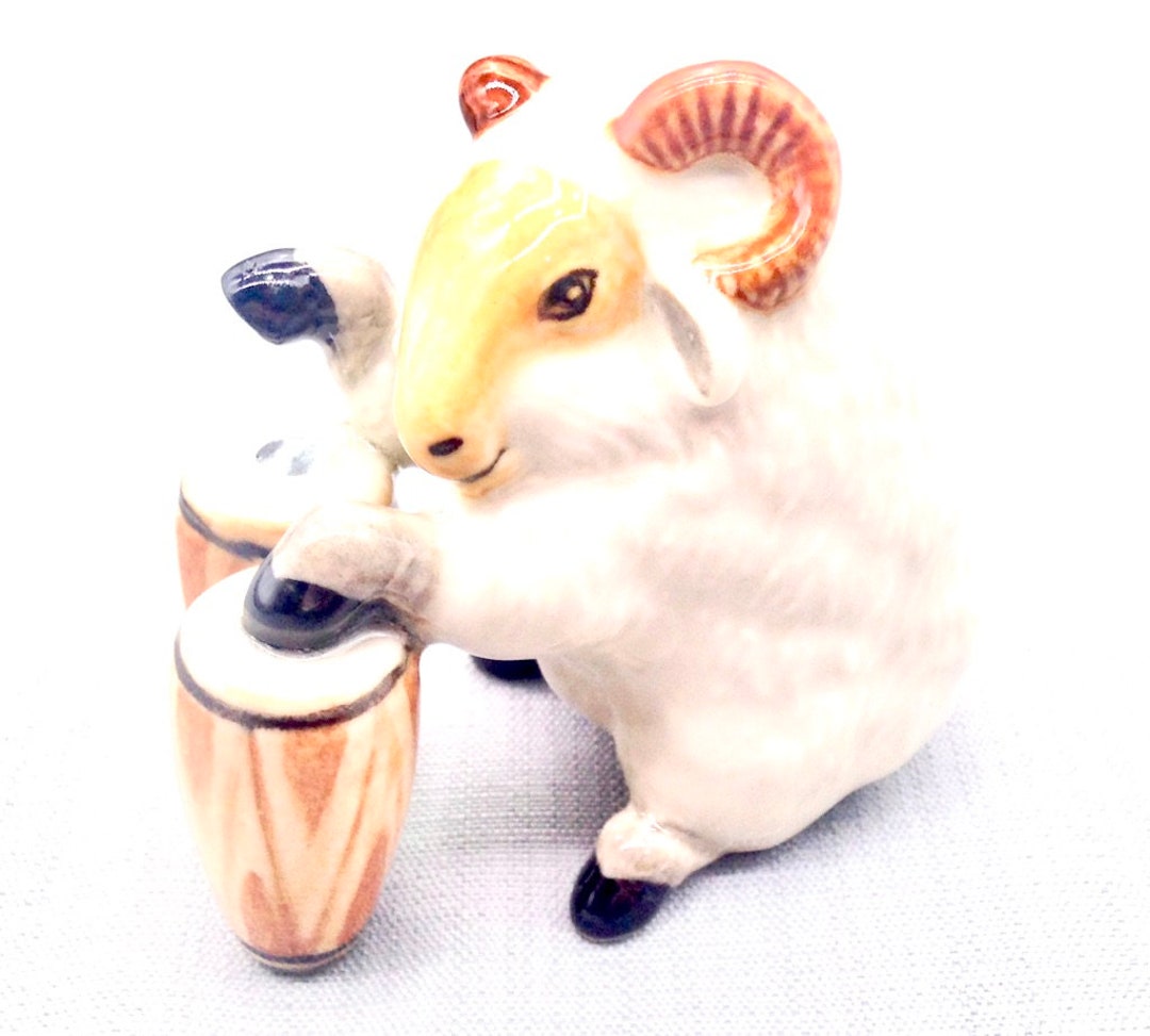 Miniature Ceramic Ram Animal Musician Play Drums Congas Little White ...