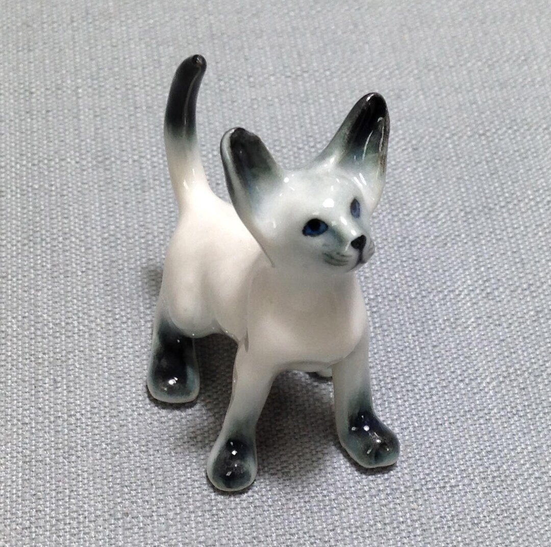 Miniature Ceramic Cat Kitty Kitten Animal Cute Little White Dark Grey ...