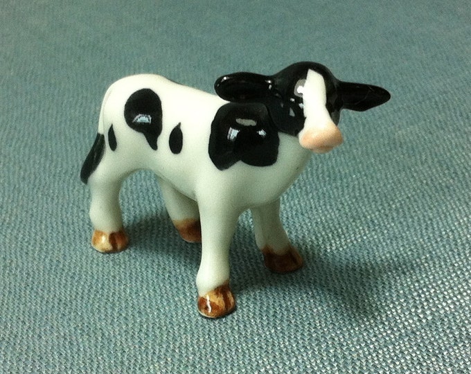 Miniature Ceramic Calf Baby Cow Animal Cute Little Tiny Small Black ...
