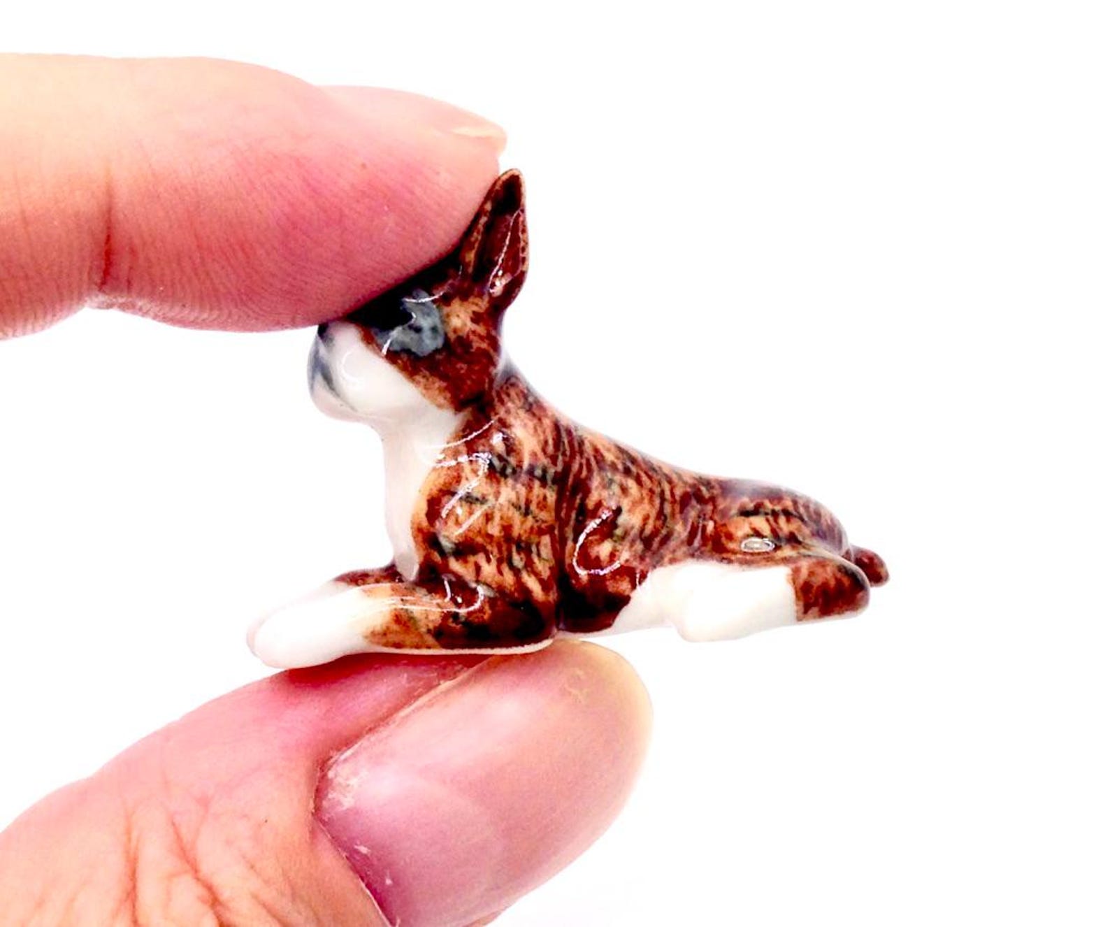 Miniature Ceramic Brindle Boxer Sitting Dog Animal Little White Brown ...