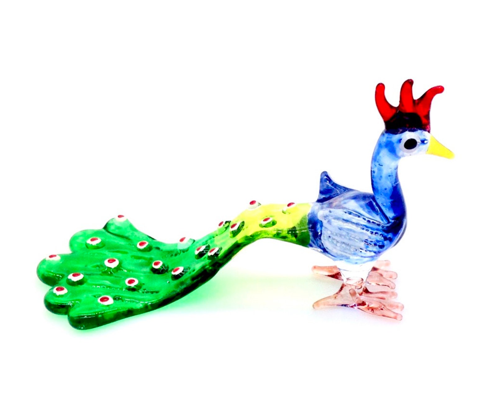 Hand Blown Glass Miniature Peacock Bird Little Animal Blue Green Red ...