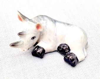 Miniature Ceramic Wild Boar Razorback Sitting Animal Little Grey Black ...