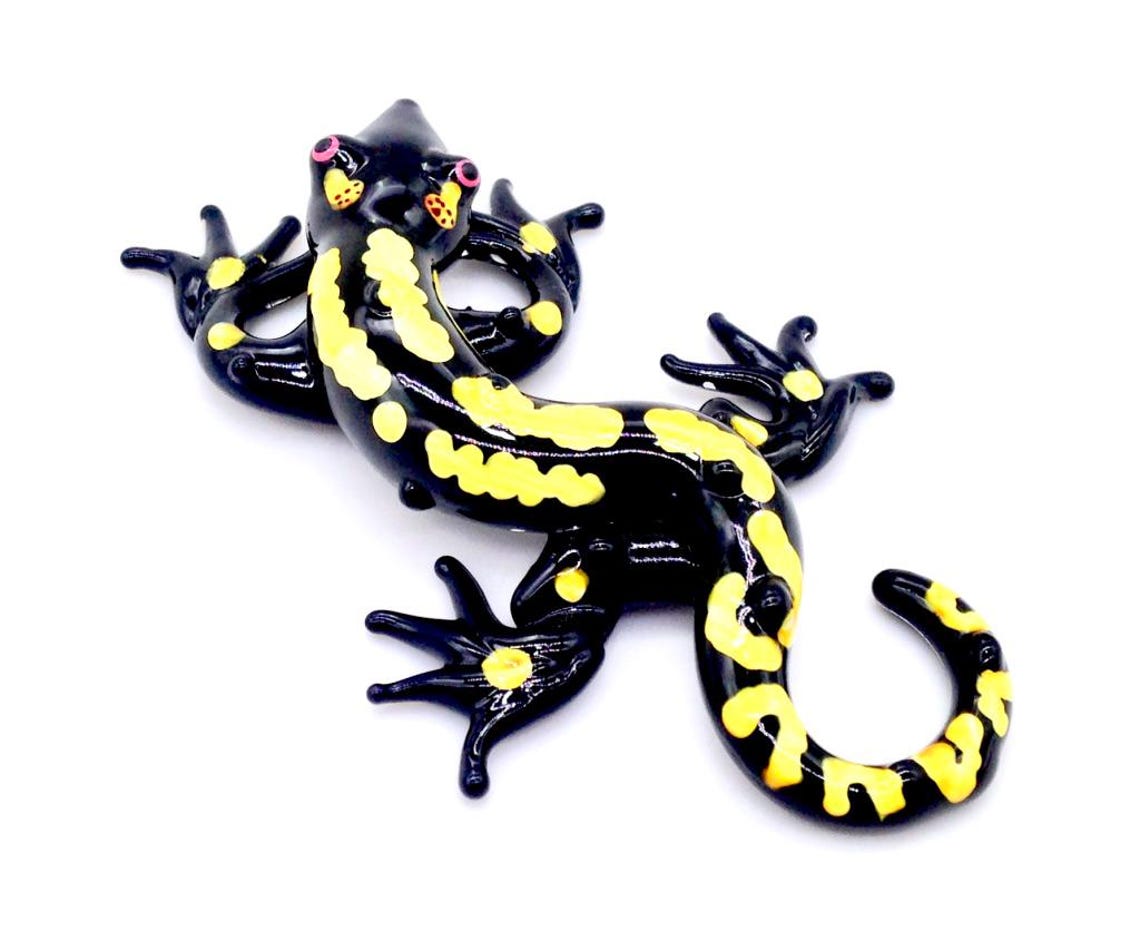 Glass Miniature Salamander Lizard Reptile Animal Black Yellow Figurine ...