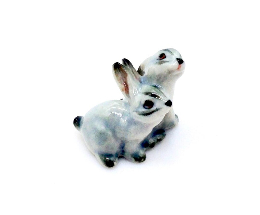 Miniature Ceramic Rabbit Couple Bunny Animal Little Grey Figurine Small ...