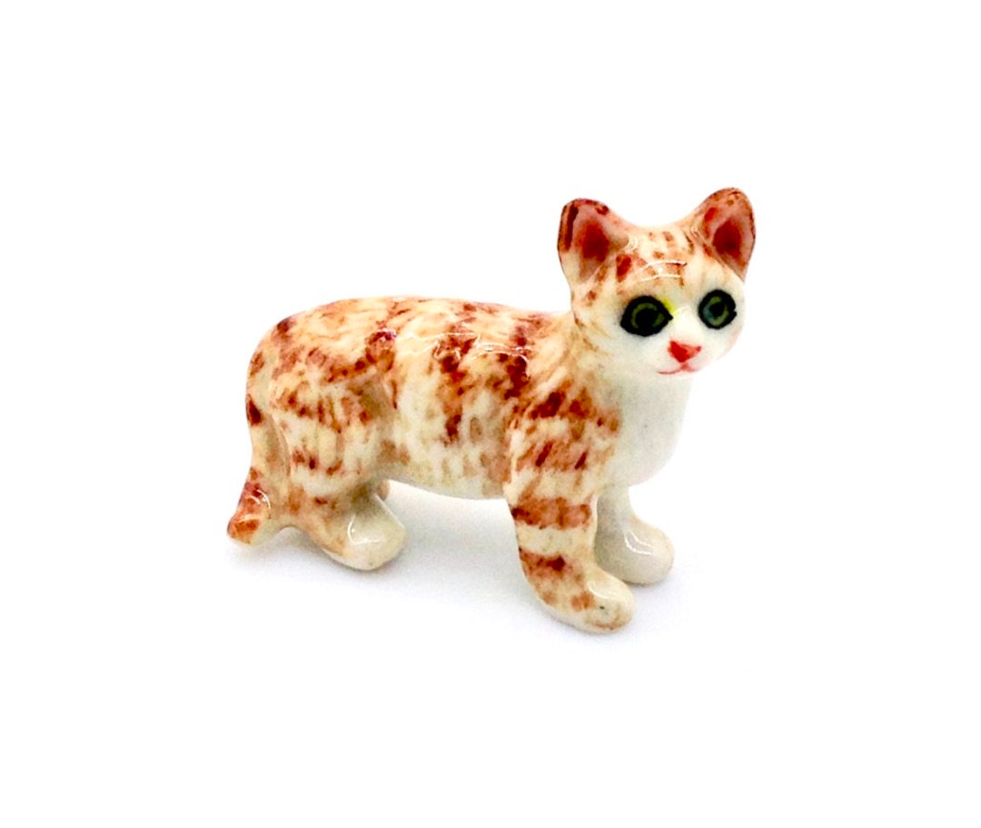 Miniature Ceramic Cat Tiny Kitty Baby Animal Small Brown White Figurine ...