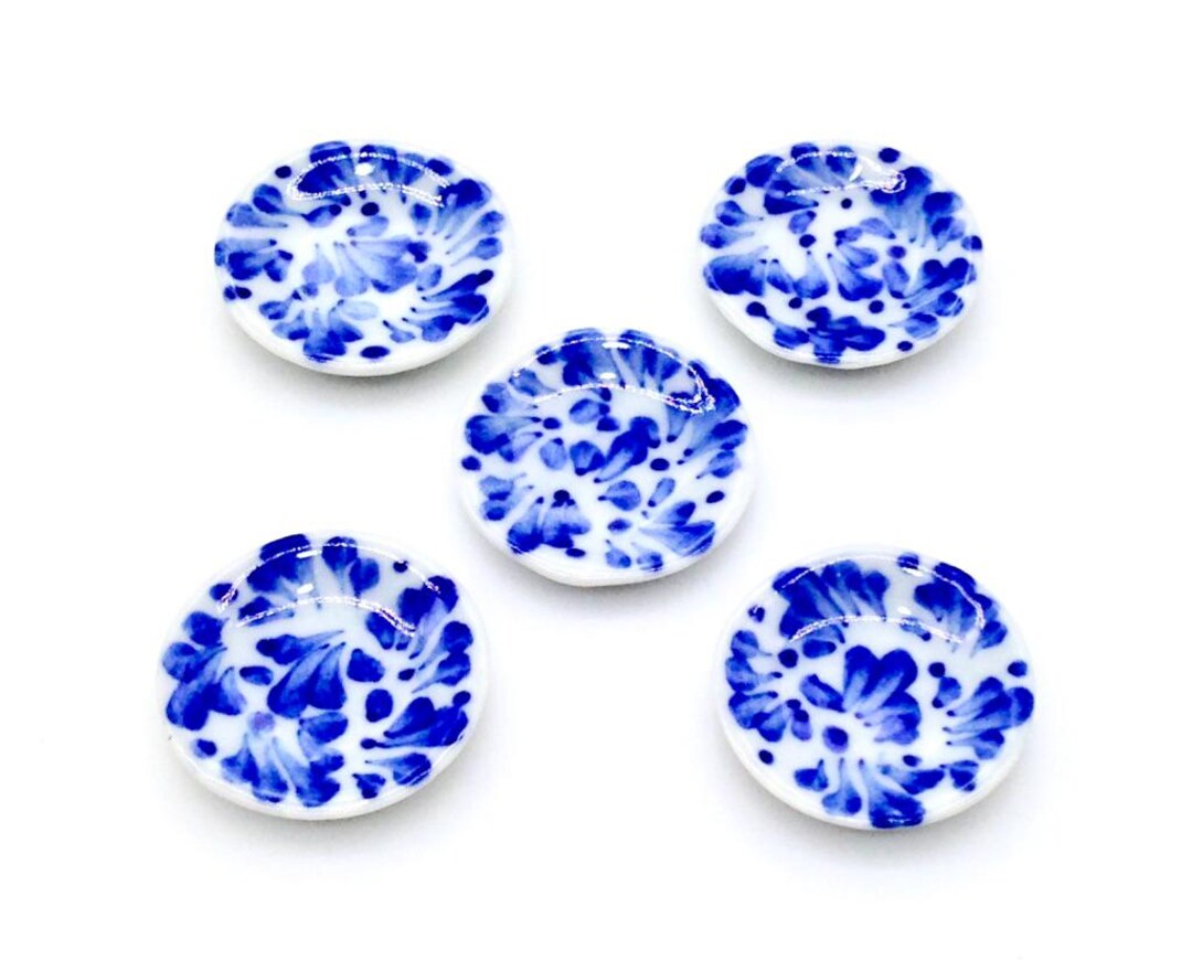 5 Round Plates Dishes Miniature Dollhouse Hand Painted Blue White ...