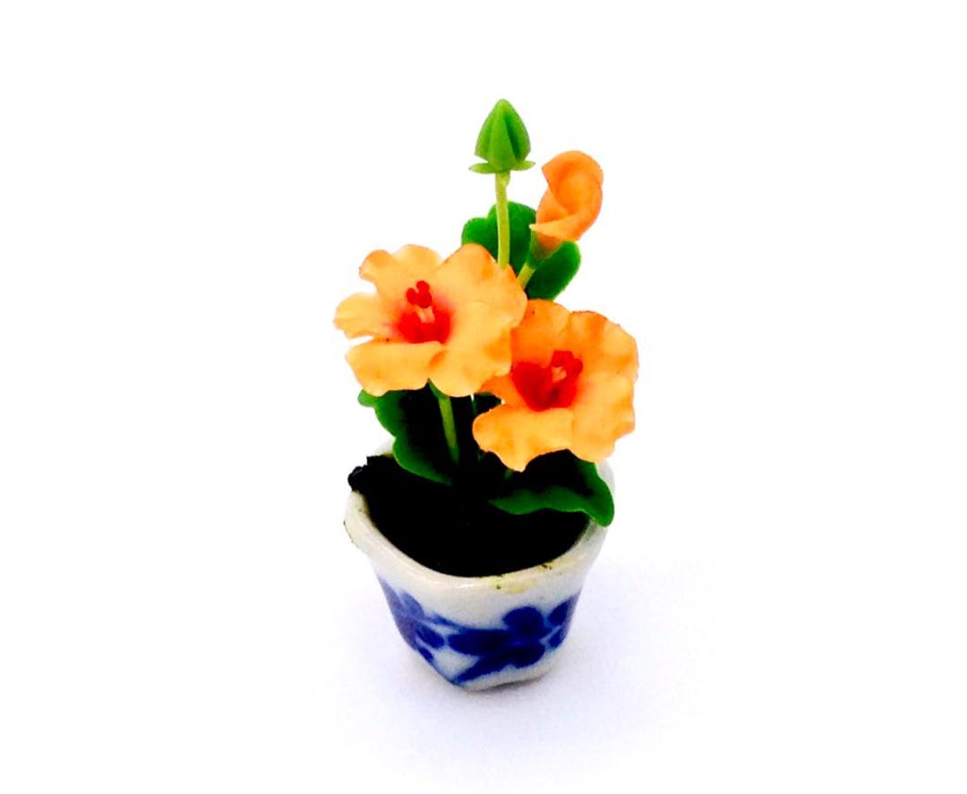 Miniature Artificial Flower Plant Hibiscus Orange Red Dollhouse Clay ...