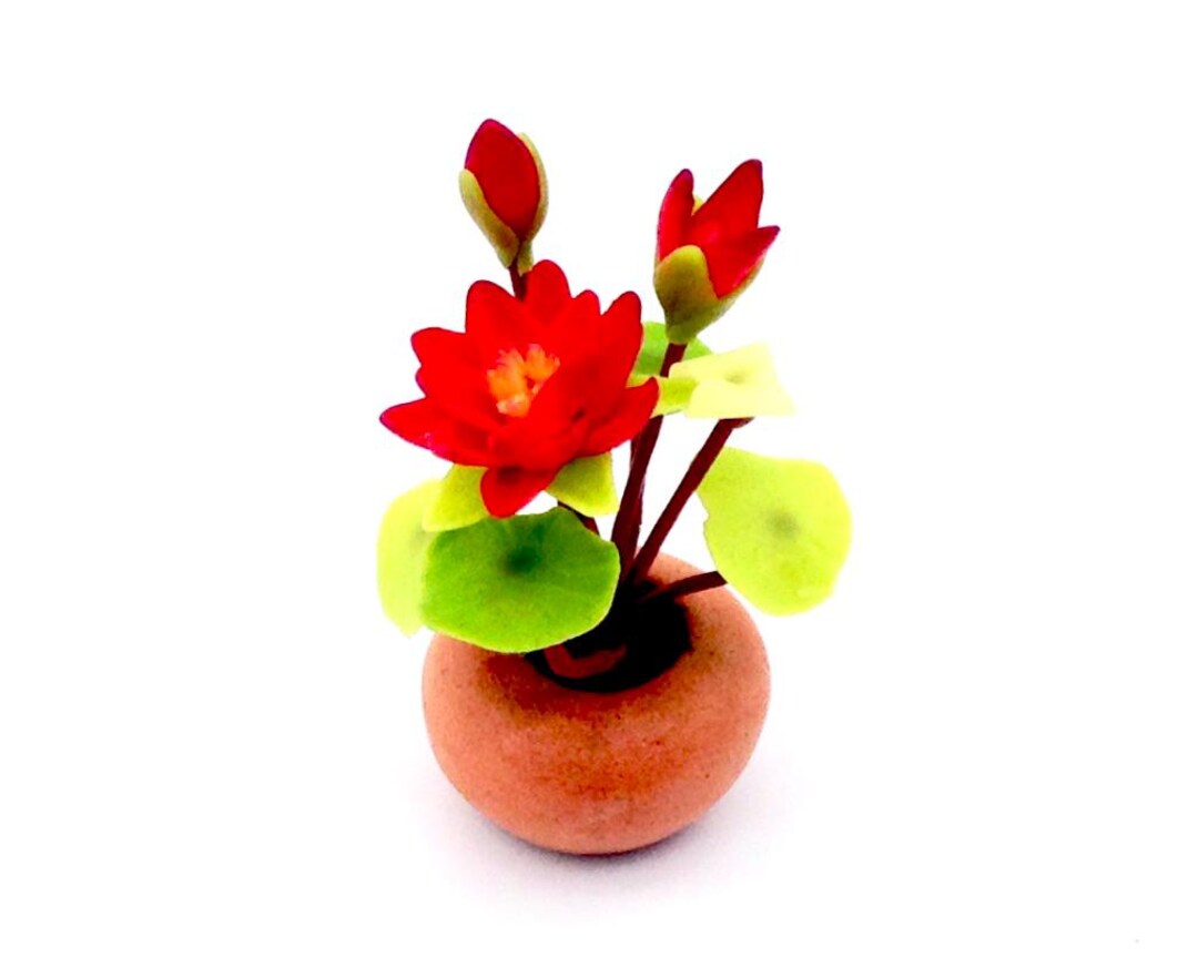Artificial Miniature Dollhouse Flower Plant Water Lily Red Clay Polymer ...