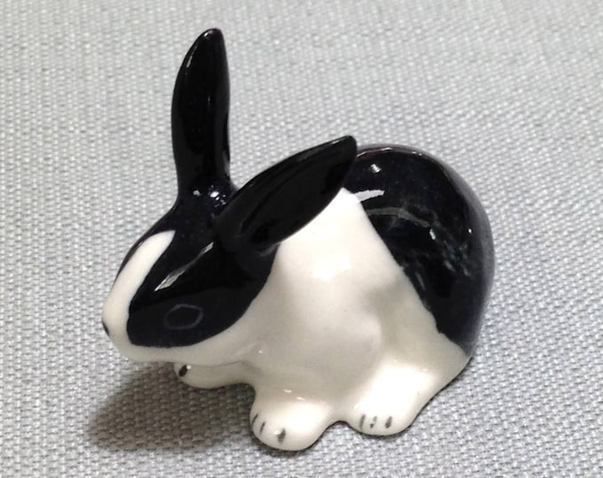 Miniature Ceramic Rabbit Bunny Animal Cute Little Black White Figurine ...