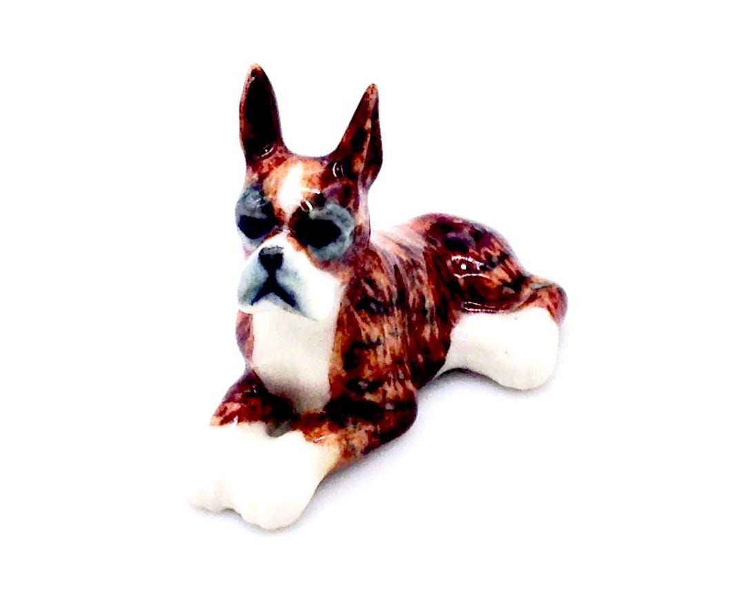 Miniature Ceramic Brindle Boxer Sitting Dog Animal Little White Brown ...