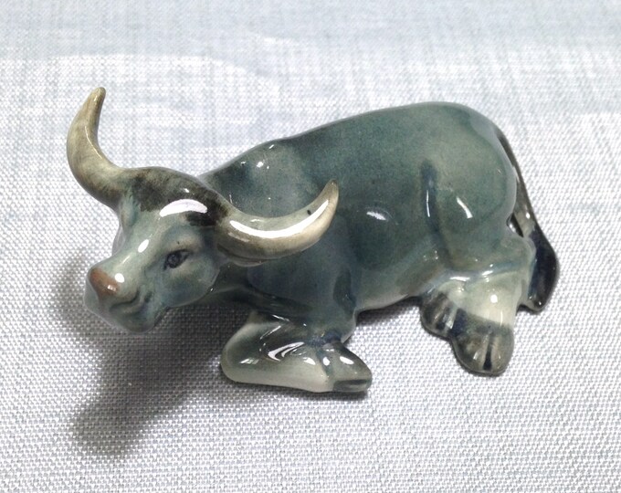 Miniature Ceramic Water Buffalo Laying Animal Little Cow Bull Figurine ...