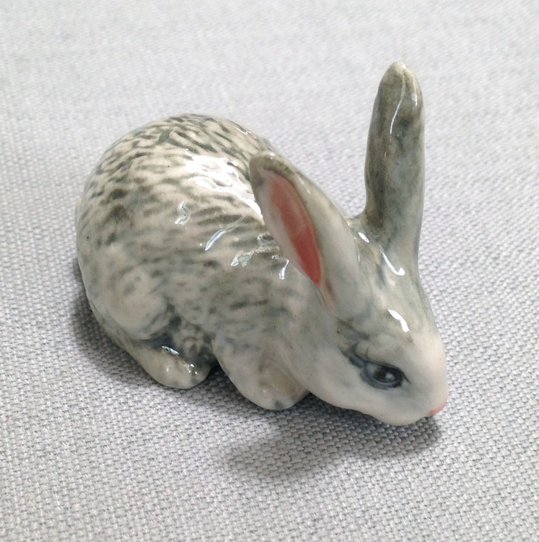 Miniature Ceramic Rabbit Bunny Animal Cute Little Funny Tiny Small Grey ...