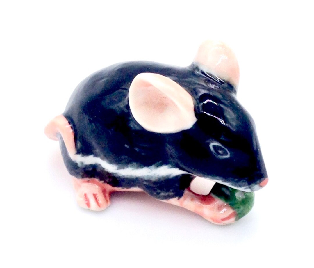 Miniature Ceramic Rat Field Mouse Mice Animal Eating Tiny Black Pink ...