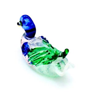 Hand Blown Miniature Glass Duck Bird Little Animal Blue Green Figurine ...