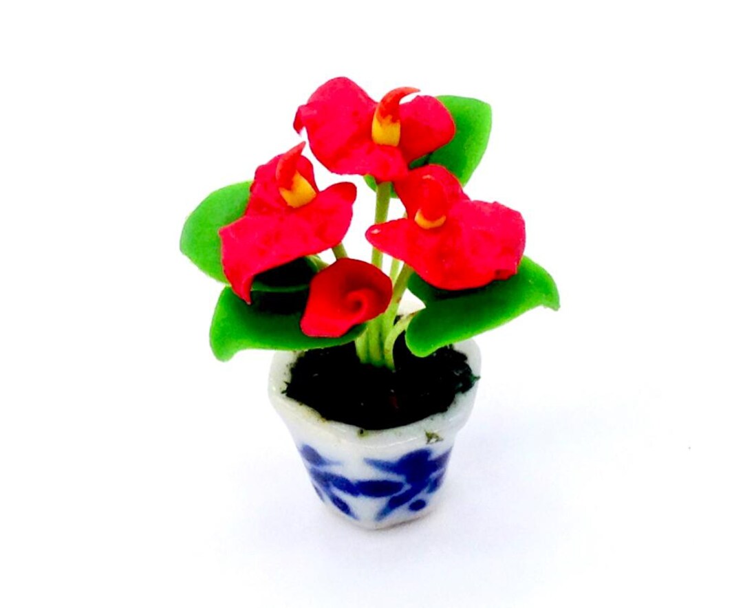 Miniature Dollhouse Artificial Flower Plant Anthurium Red Clay Polymer ...